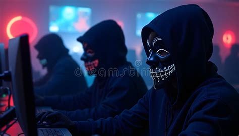 Hackers Cyberpunk Black Hat Criminals Masks Using Computers Cyber Crime Theft Stock Illustration
