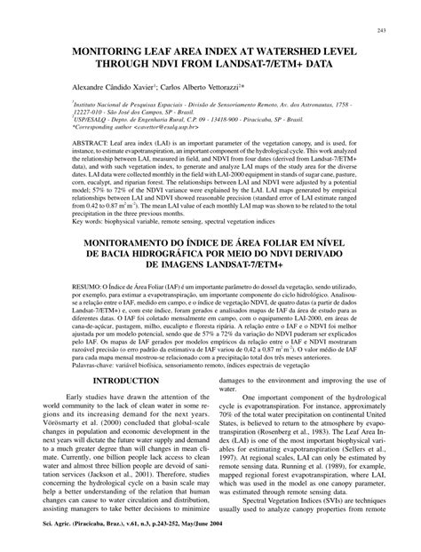 Pdf Monitoring Leaf Area Index At Watershed Level Through Ndvi From Landsat 7etm Data