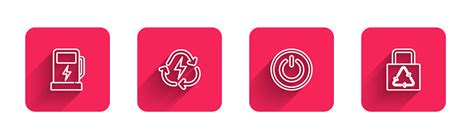 세트 라인 전기 자동차 충전소 재활용 배터리 전원 버튼 및 긴 그림자가 있는 종이 가방 빨간색 사각형 버튼 벡터 개념에 대한 스톡 벡터 아트 및 기타 이미지 Istock