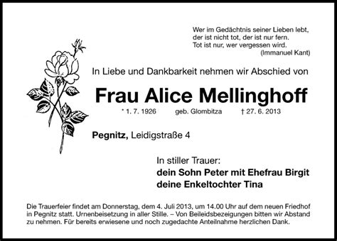 Traueranzeigen Von Alice Mellinghoff Trauernnde