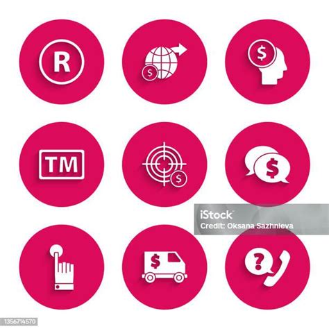 달러 기호 장갑 트럭 전화 단말기 및 음성 버블 채팅 스피치 핸드 터치 탭 제스처 상표 비즈니스 맨 계획 마인드 및 등록 아이콘으로 대상을 설정합니다 벡터 Brand