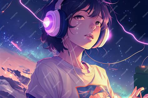 Premium Photo Anime Girl In Neon Headphones Generative Ai
