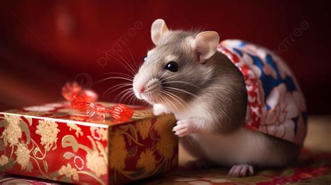빨간색 포장 선물 상자 근처에 앉아 있는 작은 쥐 새해 카드를 게시하는 쥐 소녀 고화질 사진 사진 흰 발 쥐 배경 일러스트 및 사진 무료 다운로드 Pngtree