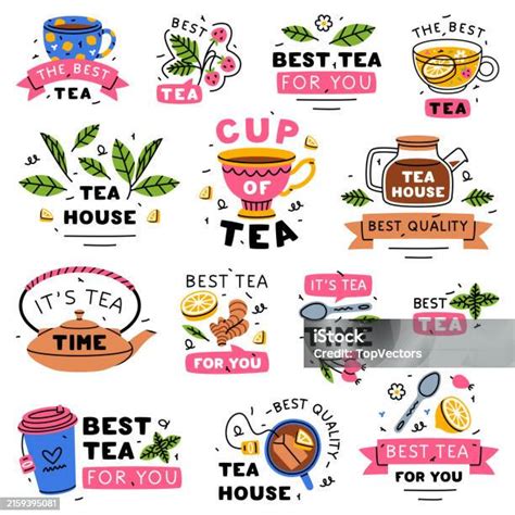 향기로운 차 양조 라벨 또는 배지 와 컵 또는 머그잔 뜨거운 음료와 찻 주전자 와 함께 말하거나 비문 벡터 세트 녹색에 대한 스톡 벡터 아트 및 기타 이미지 Istock