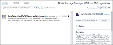 how to add page break in html to pdf conversion in winforms
