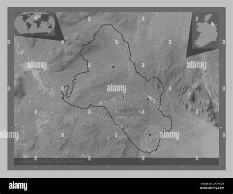Monaghan County Of Ireland Grayscale Elevation Map With Lakes And