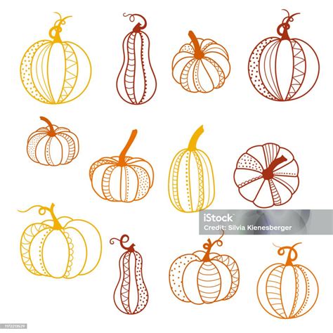 재미 손으로 그린 호박 컬렉션 감사주는 패션 인쇄 섬유 배너 배경 화면 초대장 또는 포장지 벡터 디자인에 대한 좋은 할로윈 배경 10월에 대한 스톡 벡터 아트 및 기타