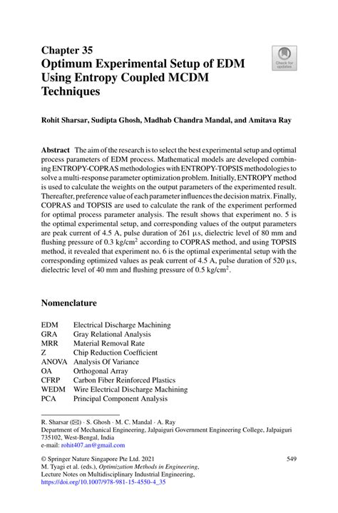 Pdf Optimum Experimental Setup Of Edm Using Entropy Coupled Mcdm
