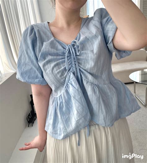 ~99까지가능 재고정리 빅사이즈 여름 하늘 하트넥 벌룬소매 셔링 블라우스 7788뱃살커버 통통녀 상체비만 데일리 꾸안꾸