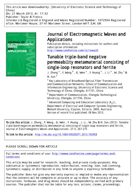 Pdf Tunable Triple Band Negative Permeability Metamaterial Consisting Of Single Loop