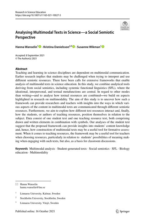 Pdf Analysing Multimodal Texts In Science—a Social Semiotic Perspective