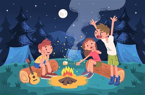 어린이 야간 캠핑 아이들은 마시멜로와 함께 캠프 파이어 주위에 앉아서 무서운 이야기 어린이 캠프 하이킹 모험 주말 여름 숲 자연 여행 고급 벡터 일러스트 레이 션을
