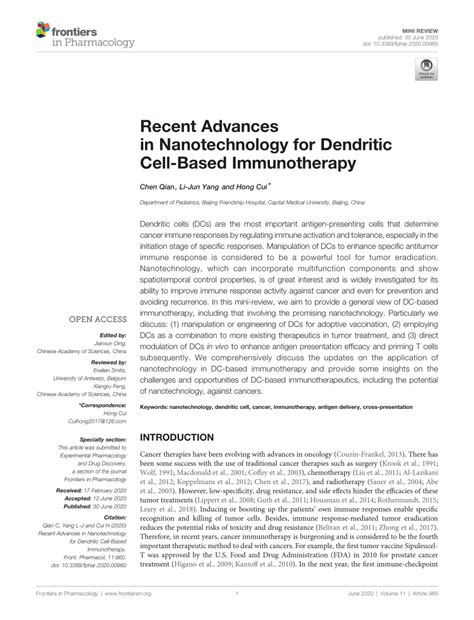 PDF Recent Advances In Nanotechnology For Dendritic Cell Based Immunotherapy