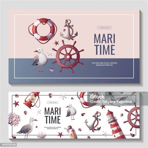 등대 배의 스티어링 휠 앵커 구명 부표 모래 병 산호 갈매기 조개껍데기가있는 배너 세트 갈매기에 대한 스톡 벡터 아트 및 기타 이미지 Istock