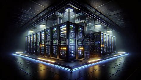 visualizing a modern data technology center with server racks in a dark room enhanced by visual