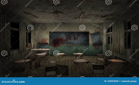 Horror And Creepy Classroom In The School With Text Help Blood 3d