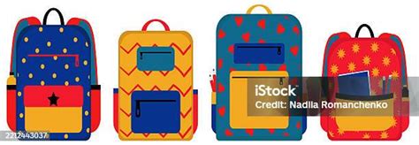 고립 된 세트 다채로운 학교 배낭 다른 패턴 학생을위한 현대적인 밝은 만화 가방 학교 교육 개념 흰색 배경으로 돌아 가기 가방에 대한 스톡 벡터 아트 및 기타 이미지