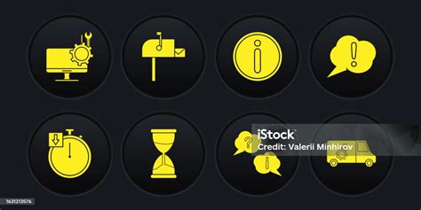 스톱워치 말풍선 느낌표 모래 시계 질문 및 정보 상자 열기 자동차 서비스 및 컴퓨터 모니터 아이콘을 설정합니다 벡터 가리키기에 대한 스톡 벡터 아트 및 기타 이미지 Istock