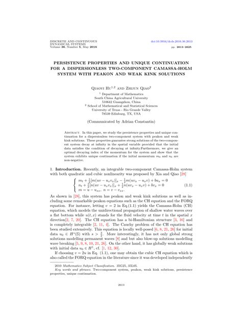 Pdf Persistence Properties And Unique Continuation For A Dispersionless Two Component Camassa