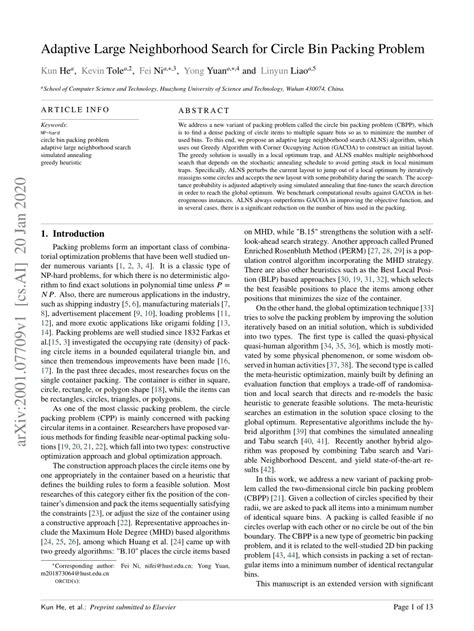 Pdf Adaptive Large Neighborhood Search For Circle Bin Packing Problem