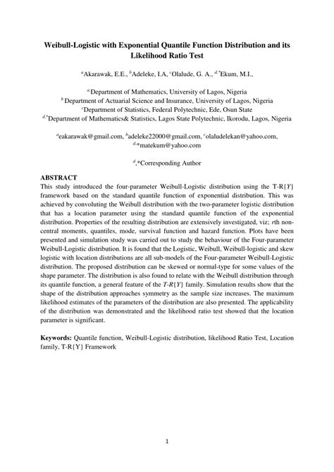 Pdf Weibull Logistic With Exponential Quantile Function Distribution And Its Likelihood Ratio Test