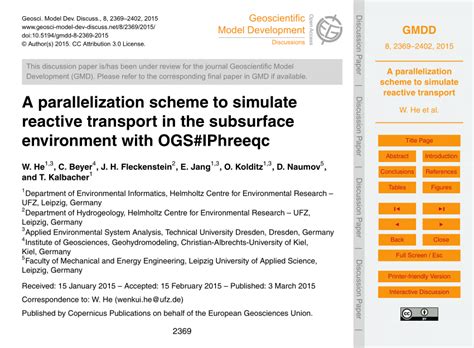 Pdf A Parallelization Scheme To Simulate Reactive Transport In The Subsurface Environment With