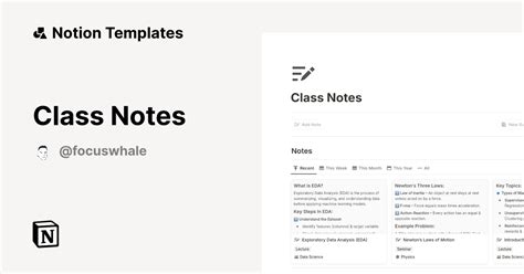Class Notes Template By Focuswhale Notion Marketplace