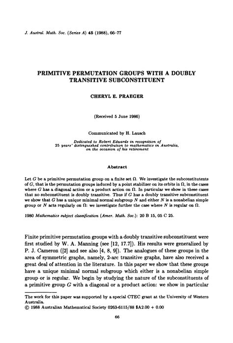 Pdf Primitive Permutation Groups With A Doubly Transitive Subconstituent