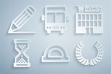 각도기 그리드 슈퍼마켓 건물 모래 시계 픽셀 월계관 버스 및 연필 및 선 아이콘을 설정합니다 벡터 3차원 형태에 대한 스톡 벡터 아트 및 기타 이미지 Istock