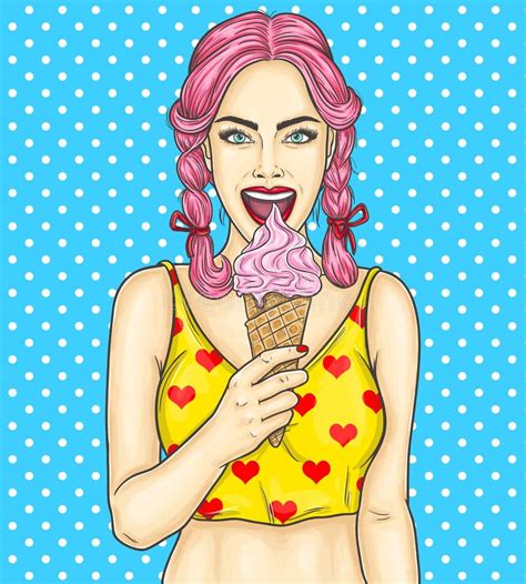 Pop Art Pin Up Young Girl Eating Ice Cream Stock Vector Illustration