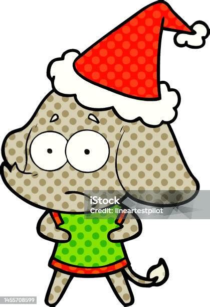 산타 모자를 쓰고 확실하지 않은 코끼리의 손으로 그린 만화책 스타일의 그림 귀여운에 대한 스톡 벡터 아트 및 기타 이미지