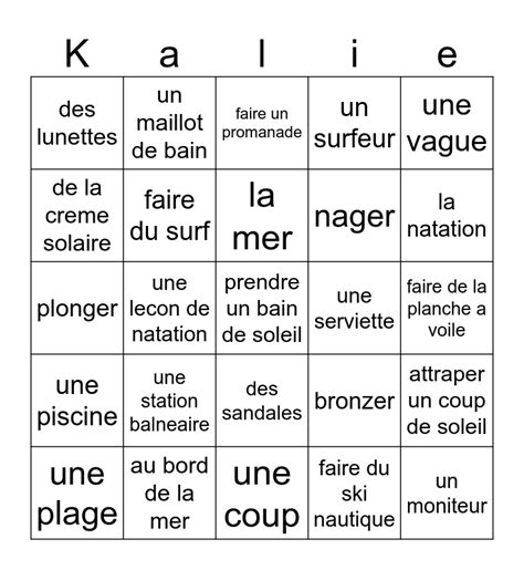 French Class Onjects Bingo Card