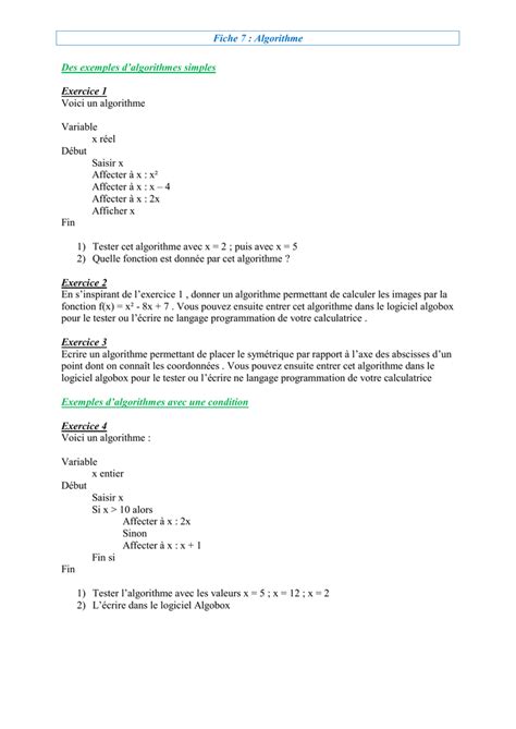 Fiche 7 Algorithme Des Exemples D`algorithmes Simples Exercice 1