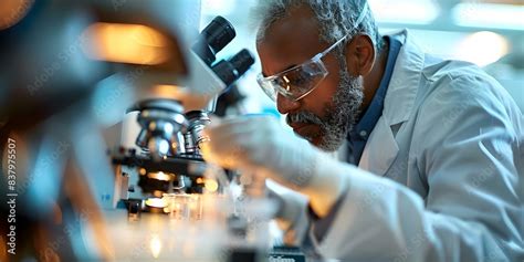 Lab Tech Examines Microscopic Bacteria Using Reagents In Microlabs Concept Microbiology Lab