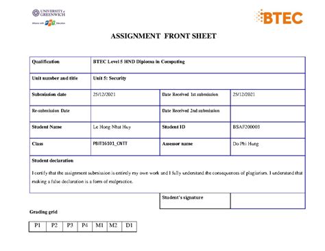 Unit 5 Assignment 1 Frontsheet Assignment Front Sheet Qualification Btec Level 5 Hnd Diploma