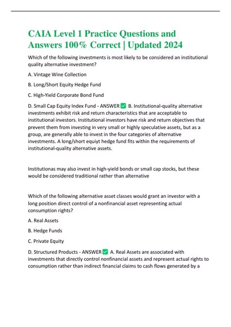 Caia Level 1 Practice Questions And Answers 100 Correct Updated 2024 Caia Chartered