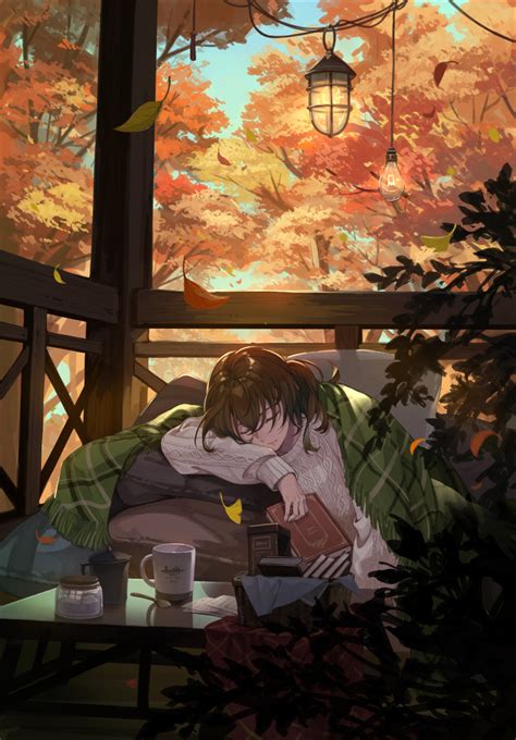 Safebooru 1girl Absurdres Autumn Autumn Leaves Bangs Blanket Book