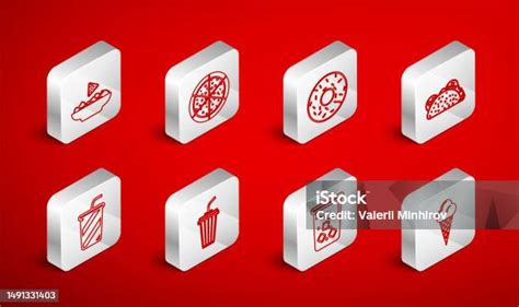 와플 콘 피자 도넛 또띠아를 곁들인 타코 유리 물 나초 접시 및 아이콘에 아이스크림을 설정합니다 벡터 0명에 대한 스톡 벡터 아트 및 기타 이미지 Istock