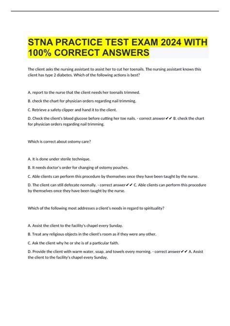 Stna Practice Test Exam 2024 With 100 Correct Answers Stna Stuvia Us