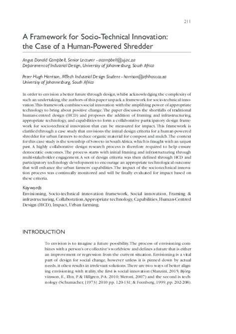 Pdf A Framework For Socio Technical Innovation The Case Of A Human Powered Shredder