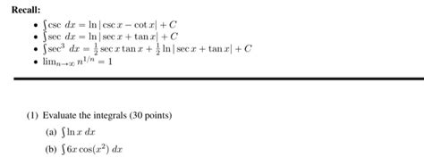 Solved Recall Scsc Da In Csc X Cot Ssec Dx Ln Sec X
