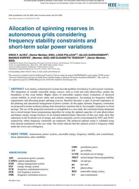PDF Allocation Of Spinning Reserves In Autonomous Grids Considering Frequency Stability