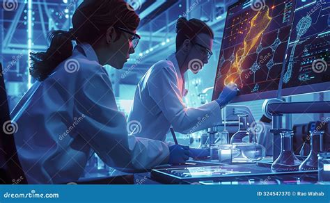Depict Scientists In A Lab Analyzing Protein Models On Computer Screens