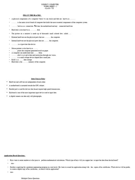 Work Sheet 1 Computer Pdf Computer Hardware Computer Data Storage