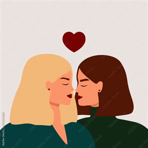 Vecteur Stock Two Beautiful Girls Kiss Flat Design Lesbian Kiss Love