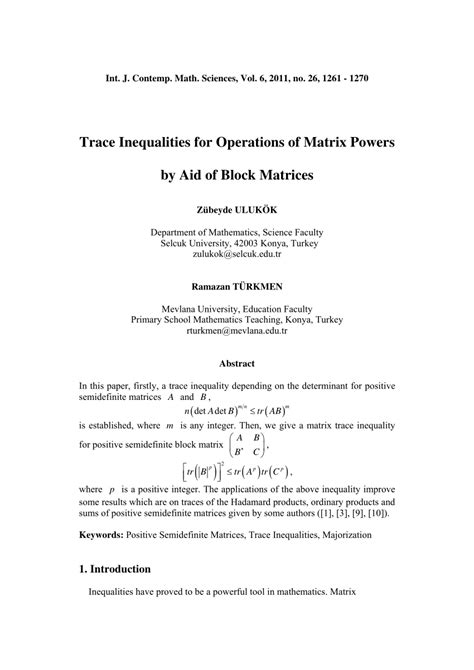 Pdf Trace Inequalities For Operations Of Matrix Powers By Aid Of Block Matrices