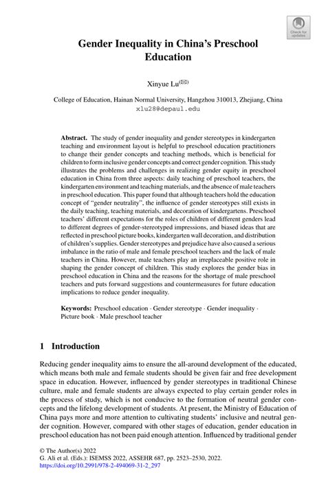 Pdf Gender Inequality In Chinas Preschool Education