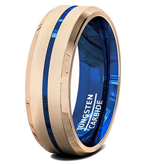 Mens Tungsten Wedding Band 8mm Rose Gold With Blue Groove Matte