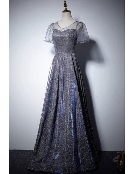 Sheer Bubble Sleeves Sparkly Aline Prom Dress With Bling R76123