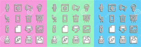 Set Line Floppy Disk Graph Chart Infographic Board With Megaphone Mobile Office Chair